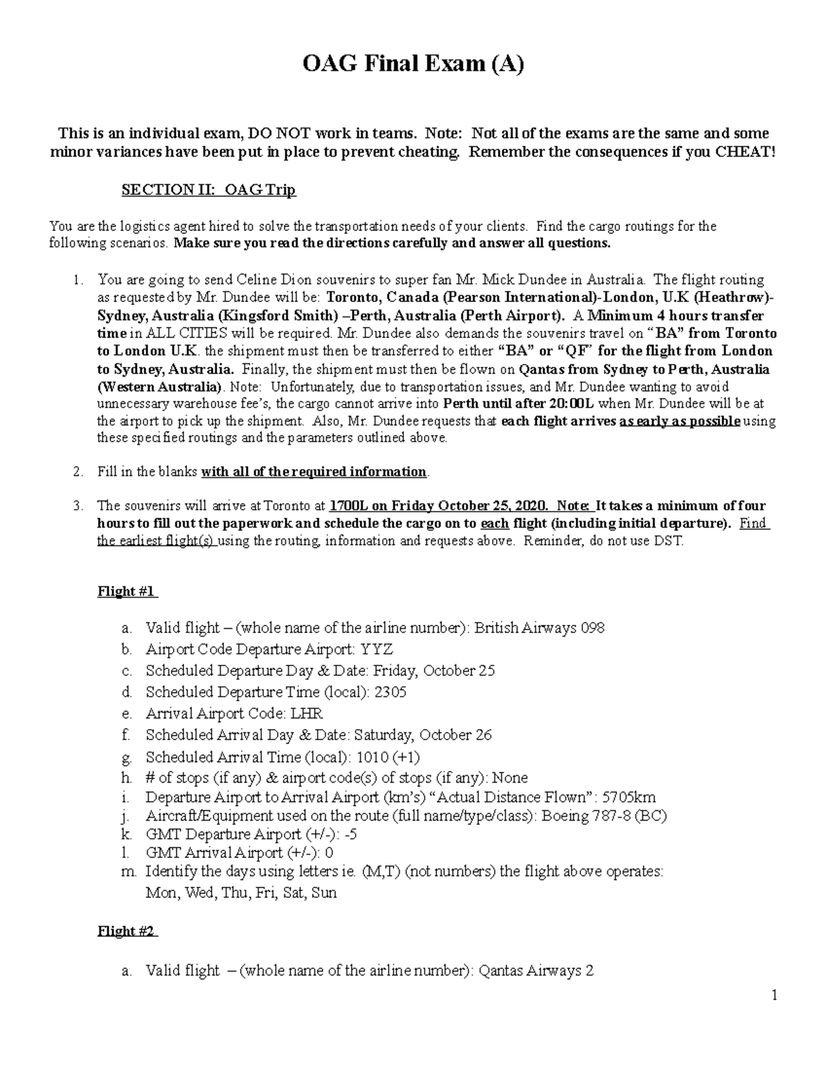 FINAL EXAM (OAG Cargo Guide) - OAG Final Exam (A) This is an individual ...