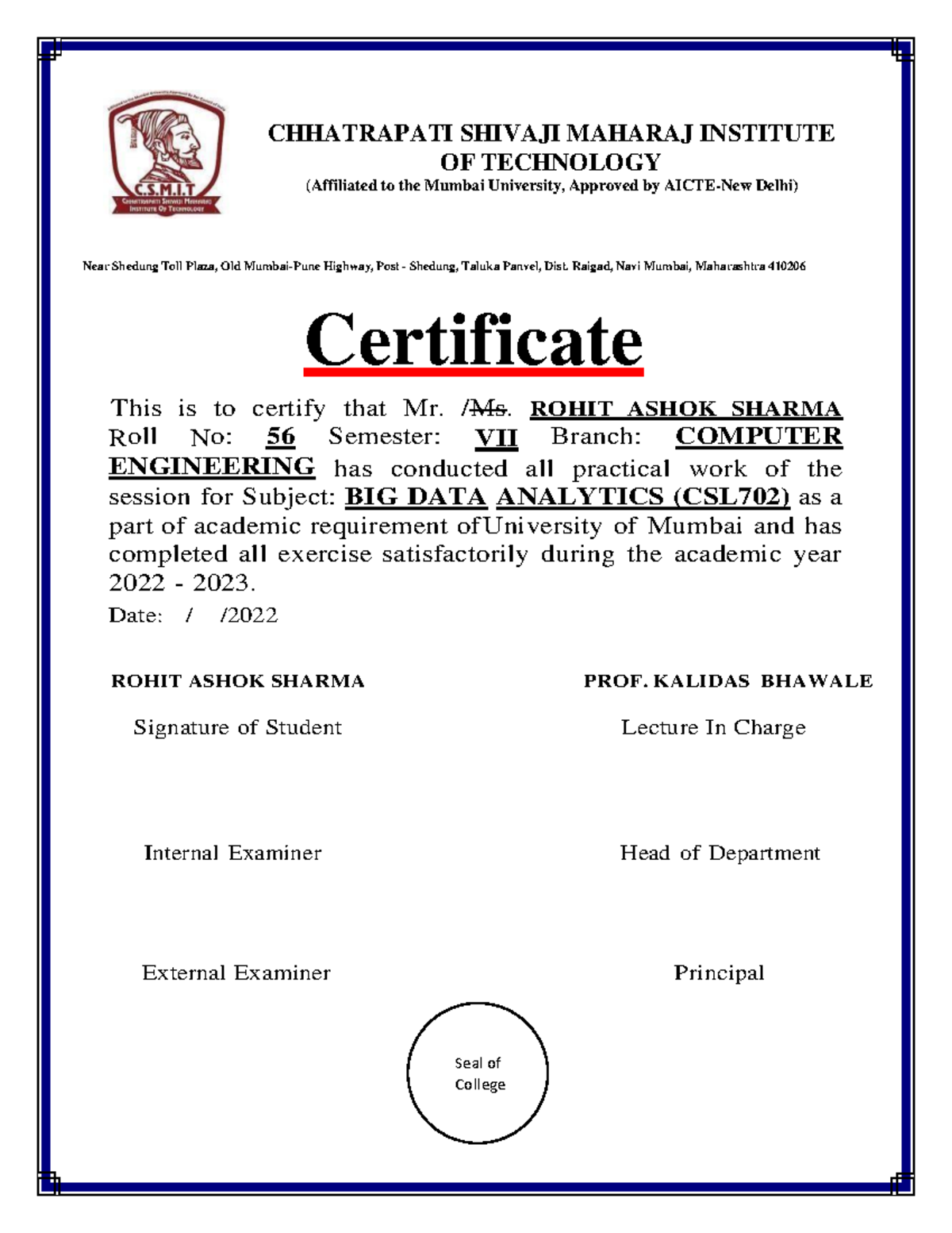 BDA Lab Manual - Seal of College CHHATRAPATI SHIVAJI MAHARAJ INSTITUTE ...