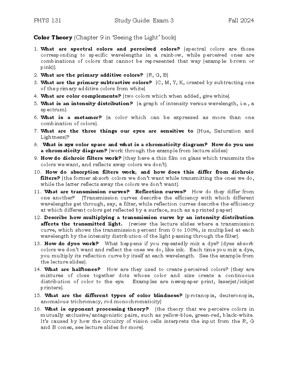 Study Guide Exam3 - What are spectral colors and perceived colors ...