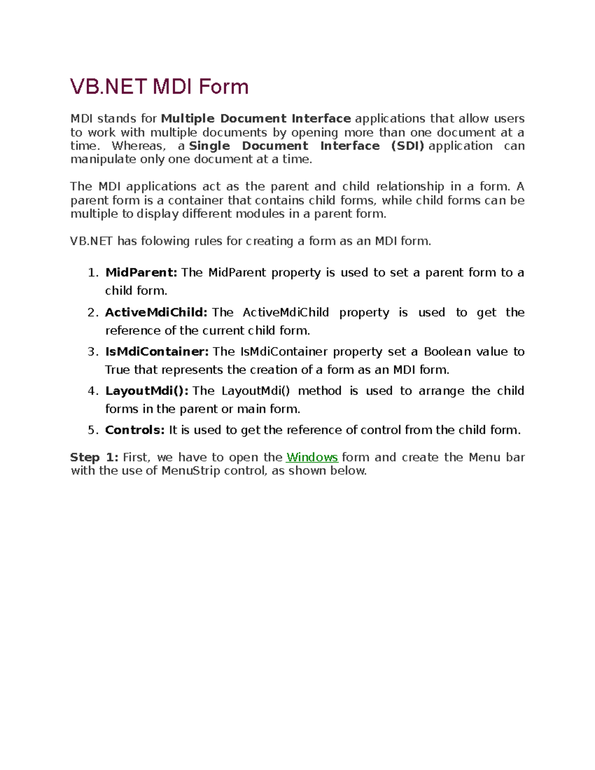 Dot net unit 5 - fine notes - VB MDI Form MDI stands for Multiple ...