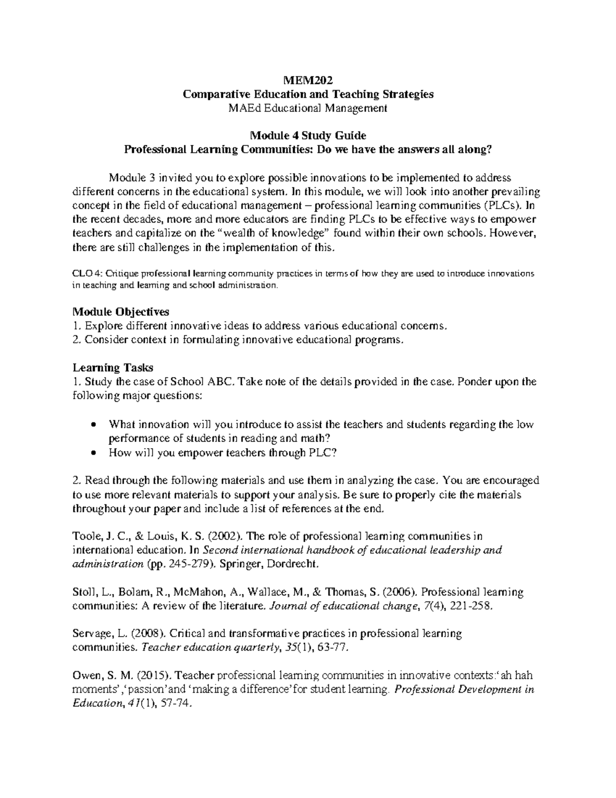 Module 4 Study Guide - MEM Comparative Education and Teaching ...