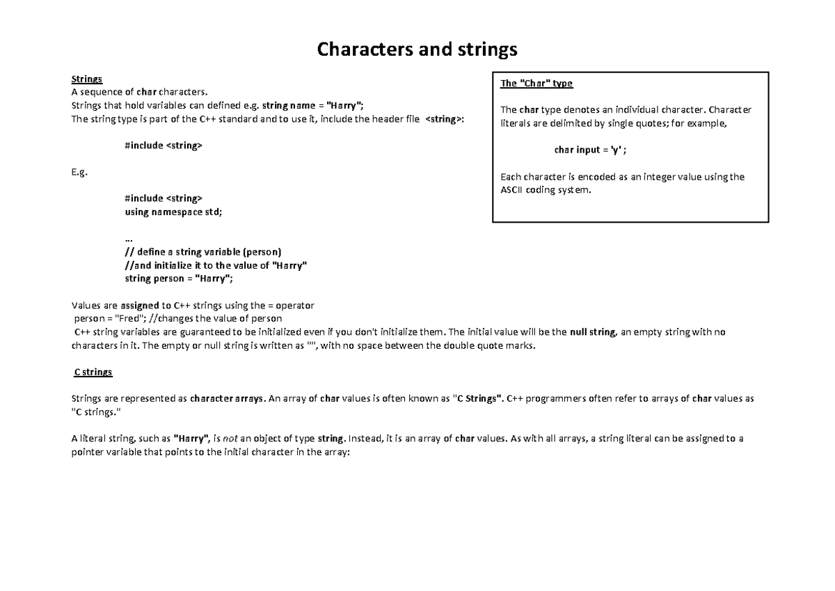 Characters and Strings - Warning: TT: undefined function: 32 Strings A sequence of char ...