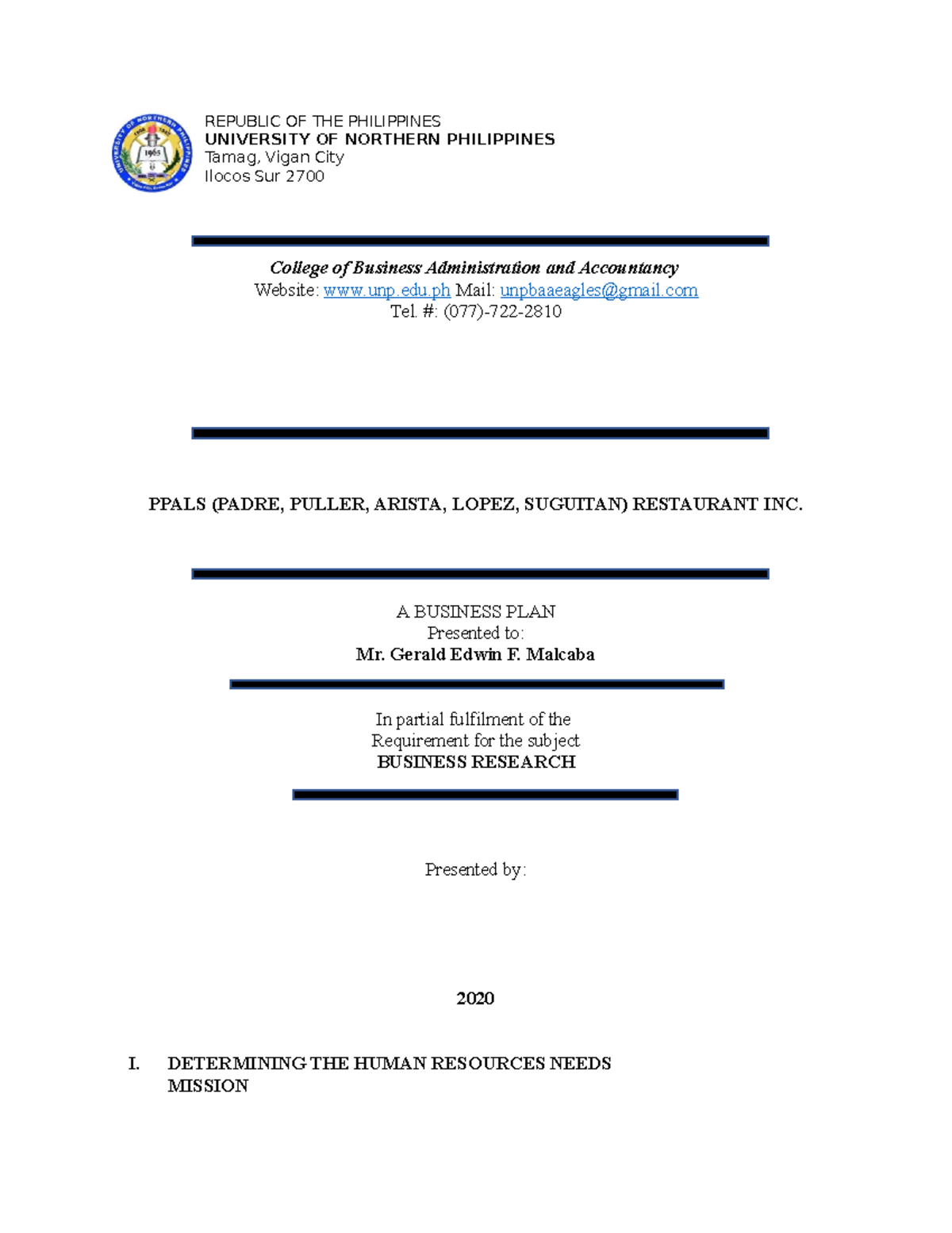 Business PLAN122 - REPUBLIC OF THE PHILIPPINES UNIVERSITY OF NORTHERN ...