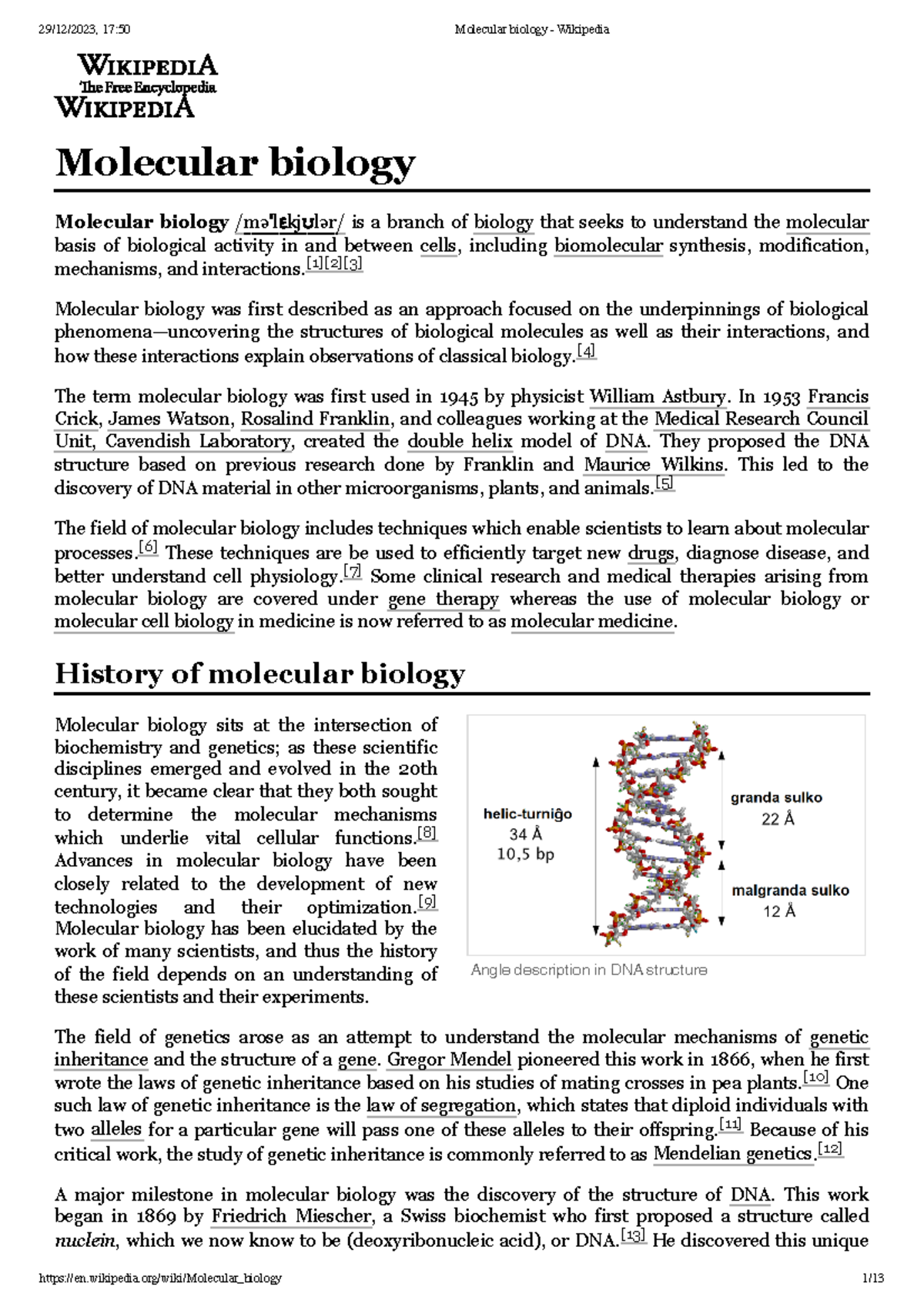 Molecular biology - Wikipedia - Angle description in DNA structure Molecular biology Molecular ...