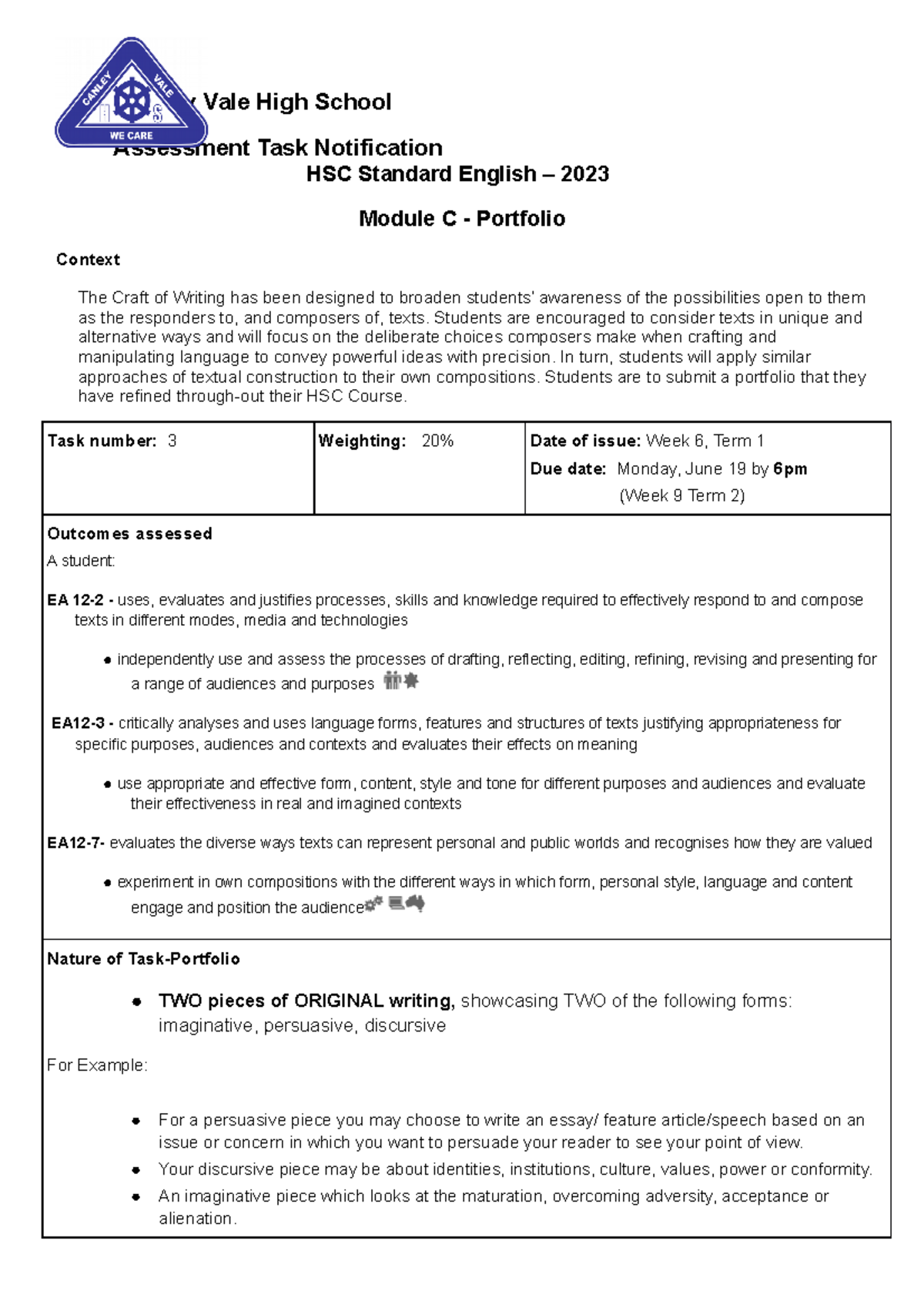 HSC Standard Assessment Notification Task 3(2) - Assessment Task ...