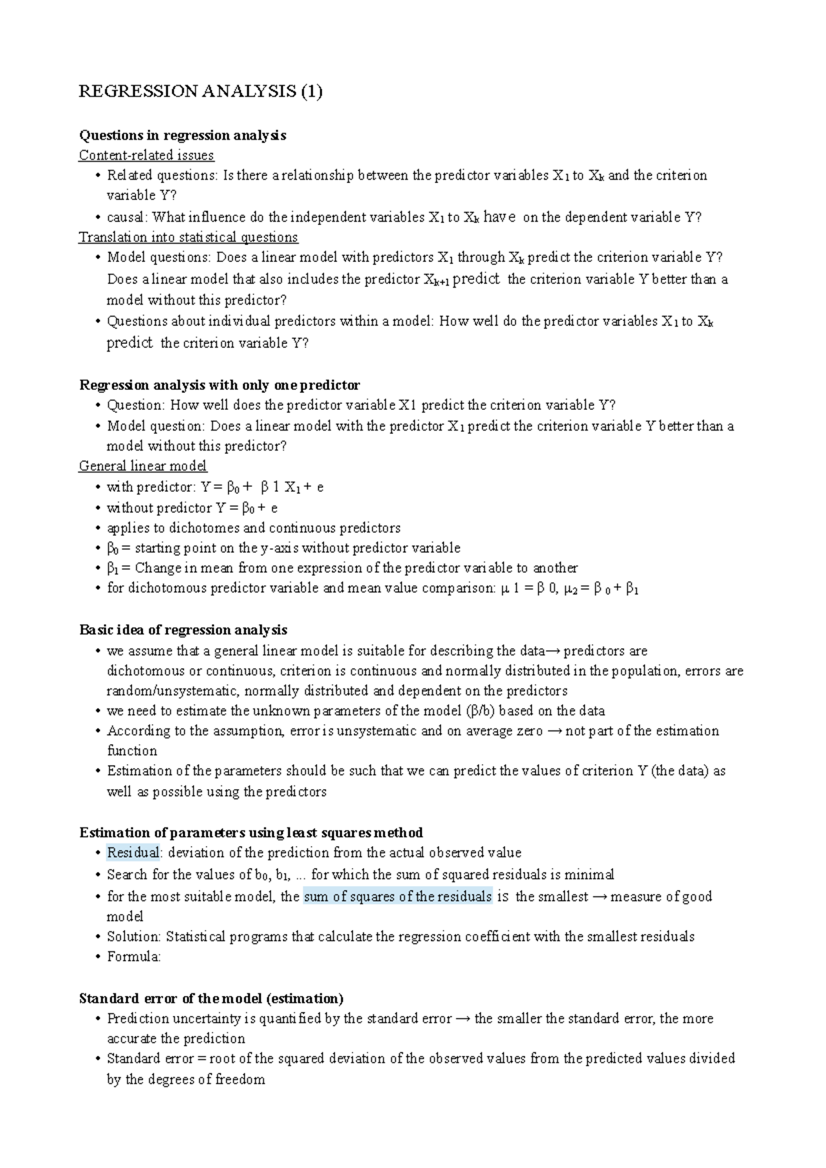 Statistics summary 15: Regression analysis - REGRESSION ANALYSIS (1) Questions in regression ...