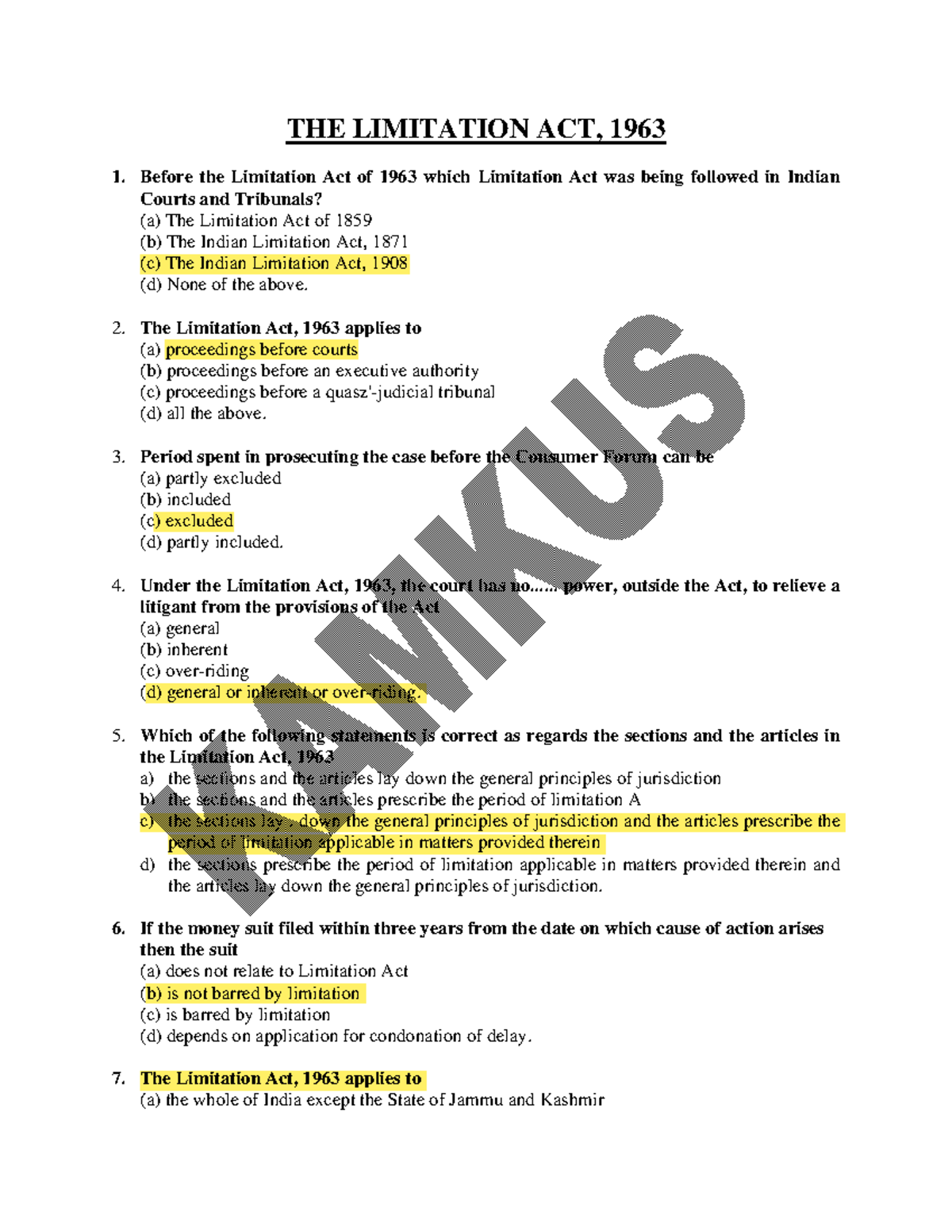 Mcq limitation act - he main objective of the The LA,1963 is to provide a specific time frame ...