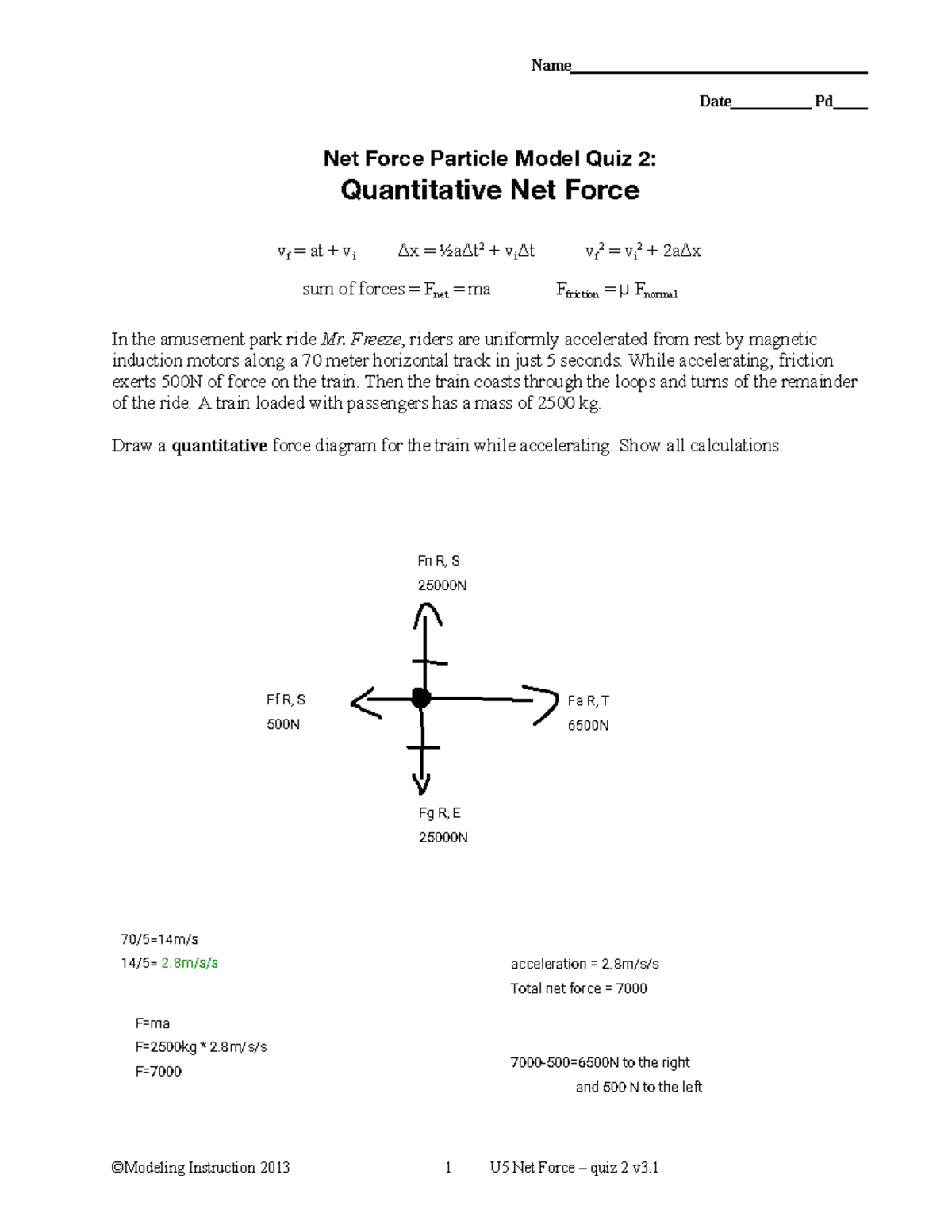 Physics Quiz - Name Date Pd Net Force Particle Model Quiz 2: Quantitative Net Force vf = at + vi ...