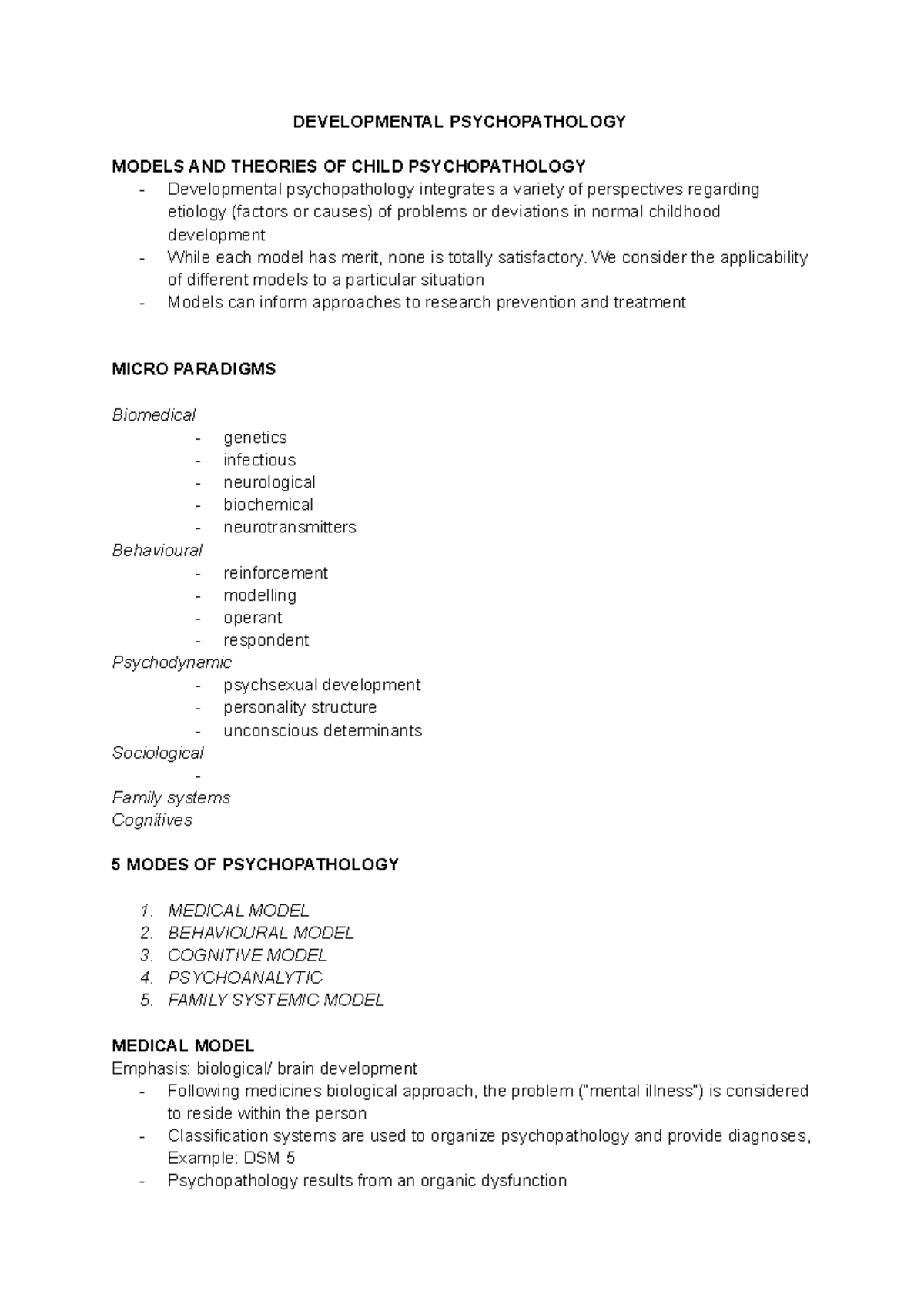 SEPT 4 - class notes - DEVELOPMENTAL PSYCHOPATHOLOGY MODELS AND ...
