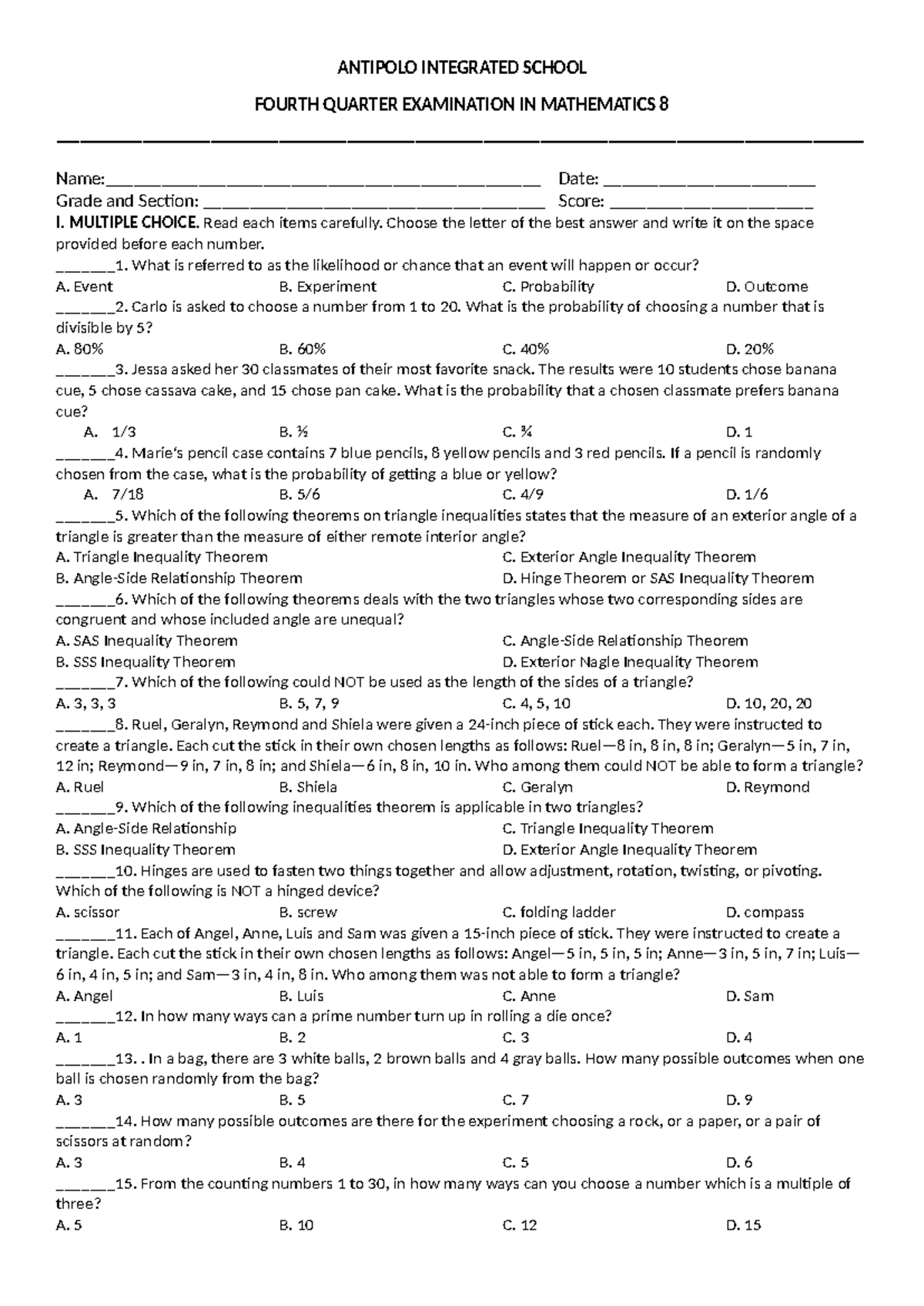Mathematics 8 - Sample questionnaire - ANTIPOLO INTEGRATED SCHOOL ...