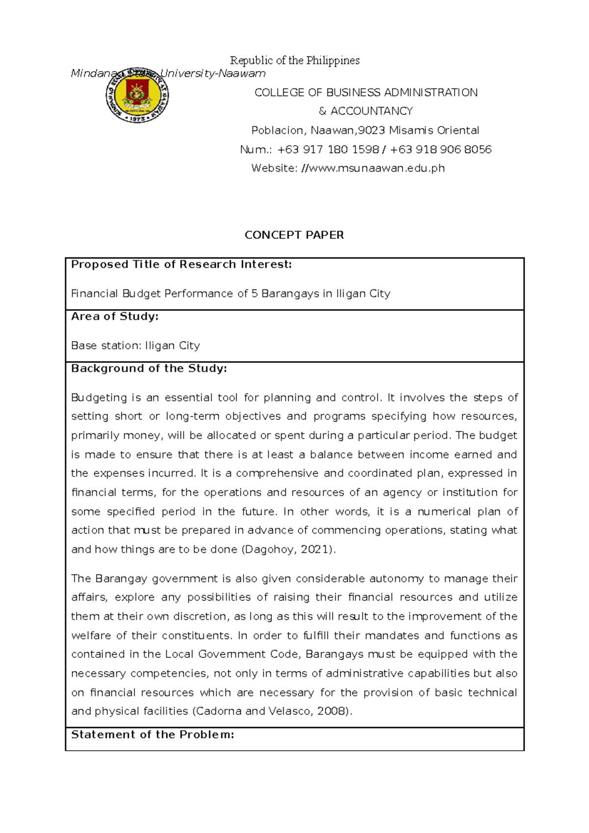 Financial Budget Performance OF 5 Barangays IN Iligan CITY - Republic ...