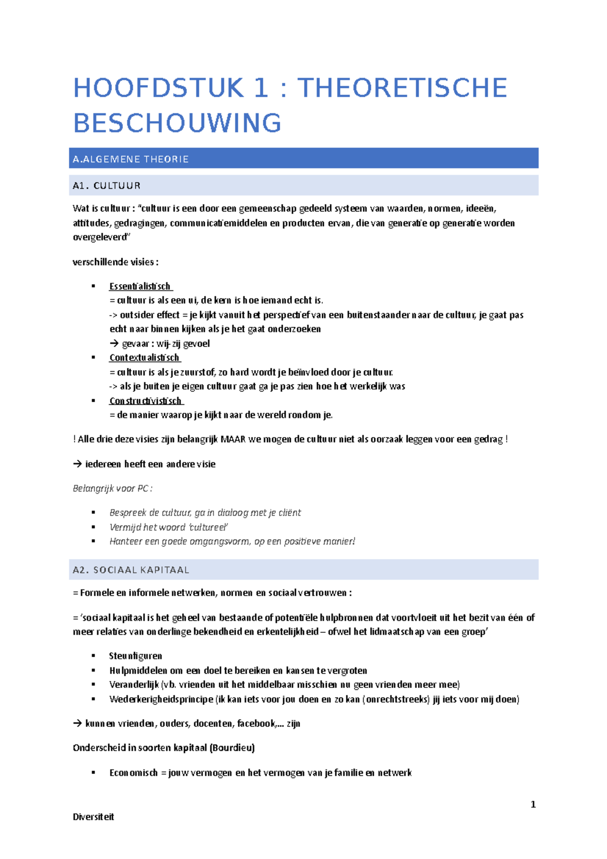 Diversiteit - HOOFDSTUK 1 : THEORETISCHE BESCHOUWING A THEORIE A1. CULTUUR Wat is cultuur ...