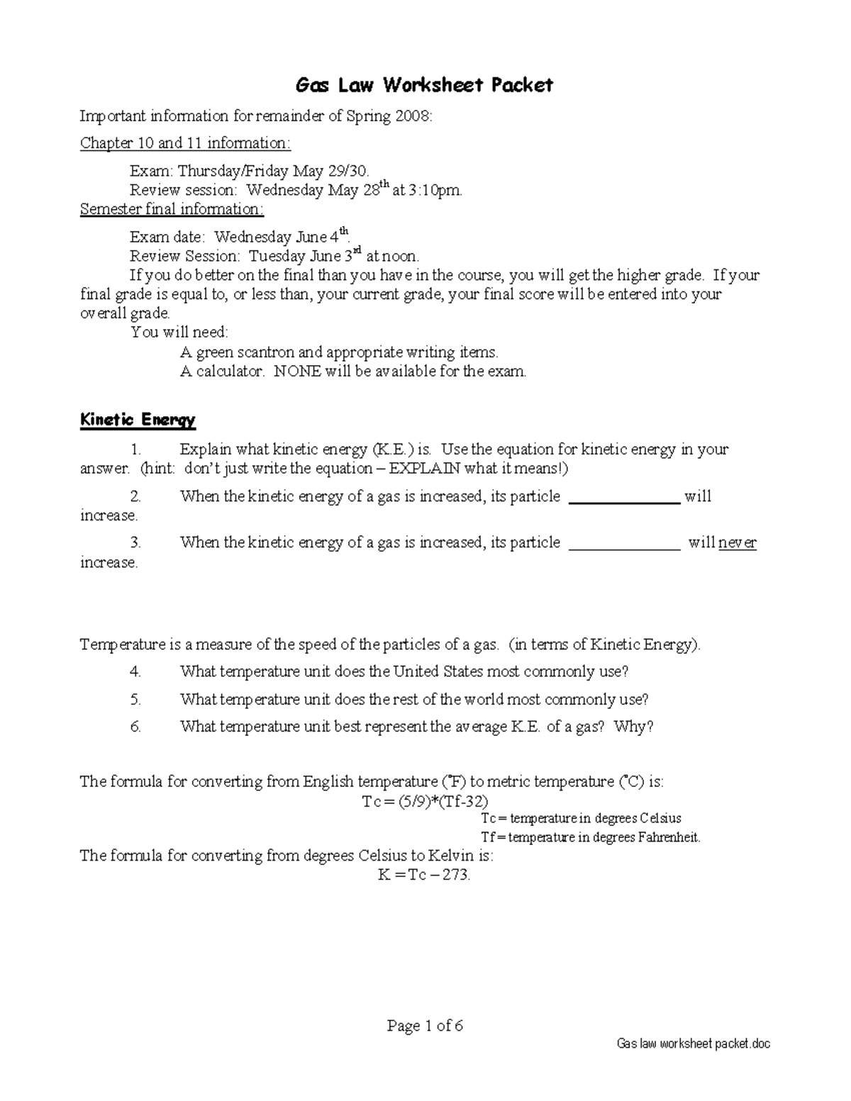 Gasreview Packet - covers gas law examples - Page 1 of 6 Gas Law ...