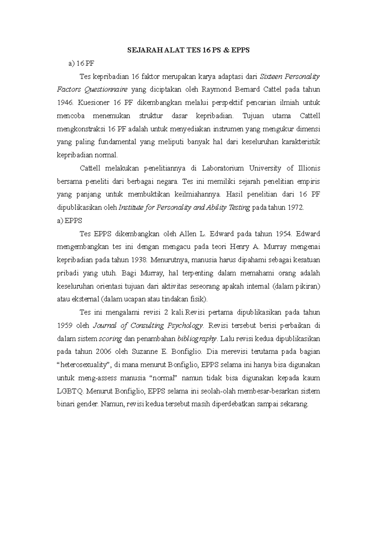 Sejarah ALAT TES 16 PF & EPPS - SEJARAH ALAT TES 16 PS & EPPS a) 16 PF ...