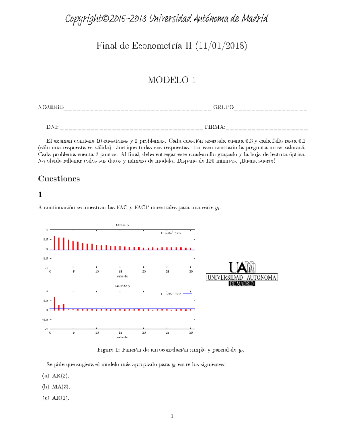 Final Eco2 2018 Enero - Finalde Econometría I I(11/01/2018) MODELO 1 ####### - Studocu