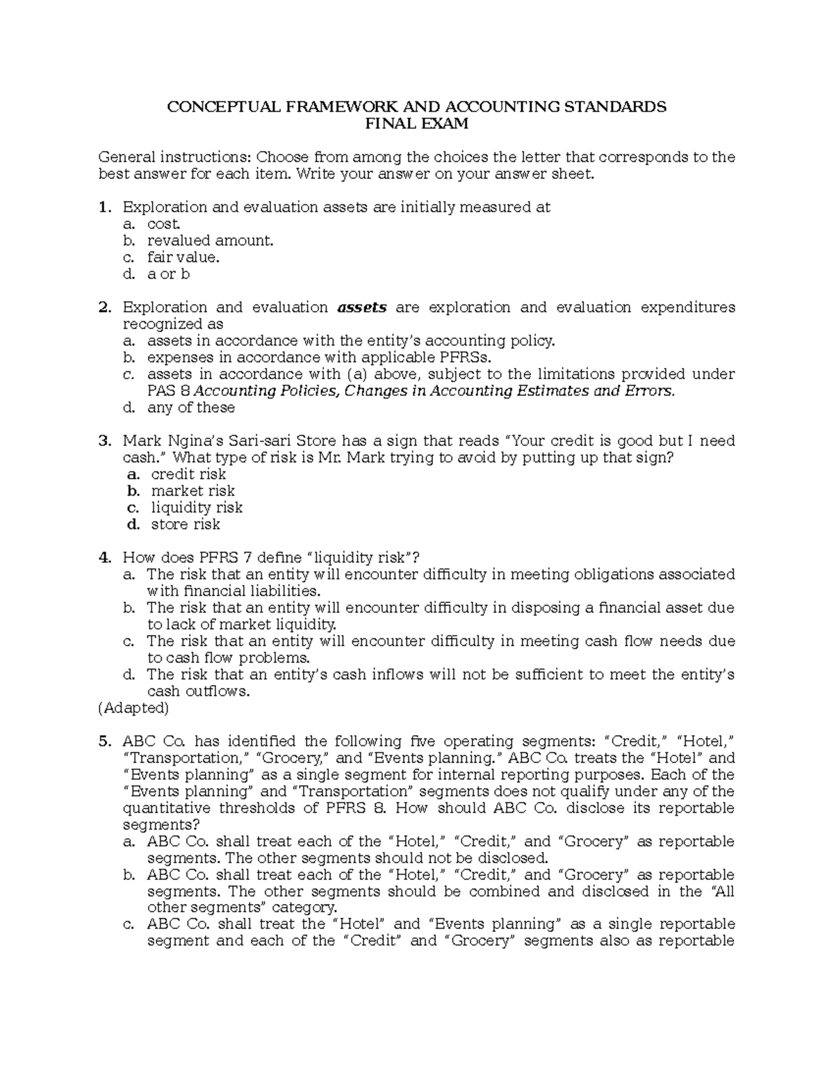 Conceptual Framework and Accounting Standard Exam Questionnaire ...