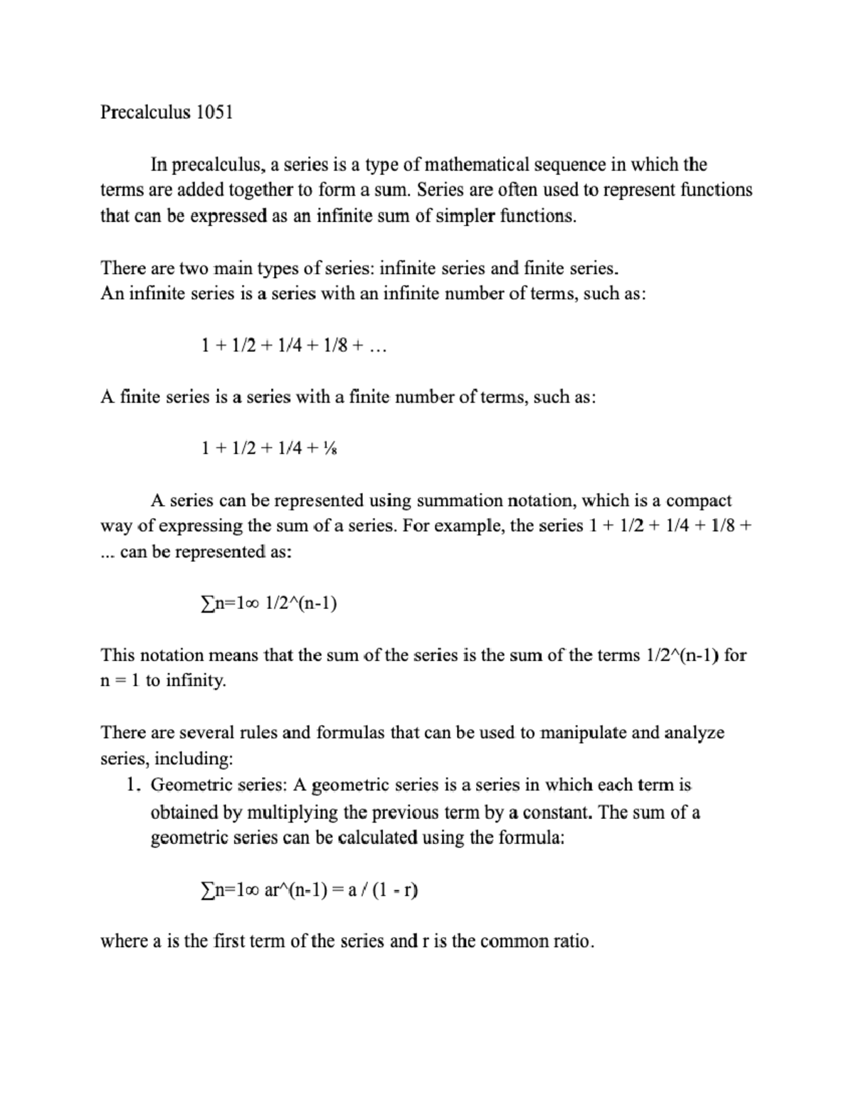 Series in Precalculus - MATH 1051 - Studocu