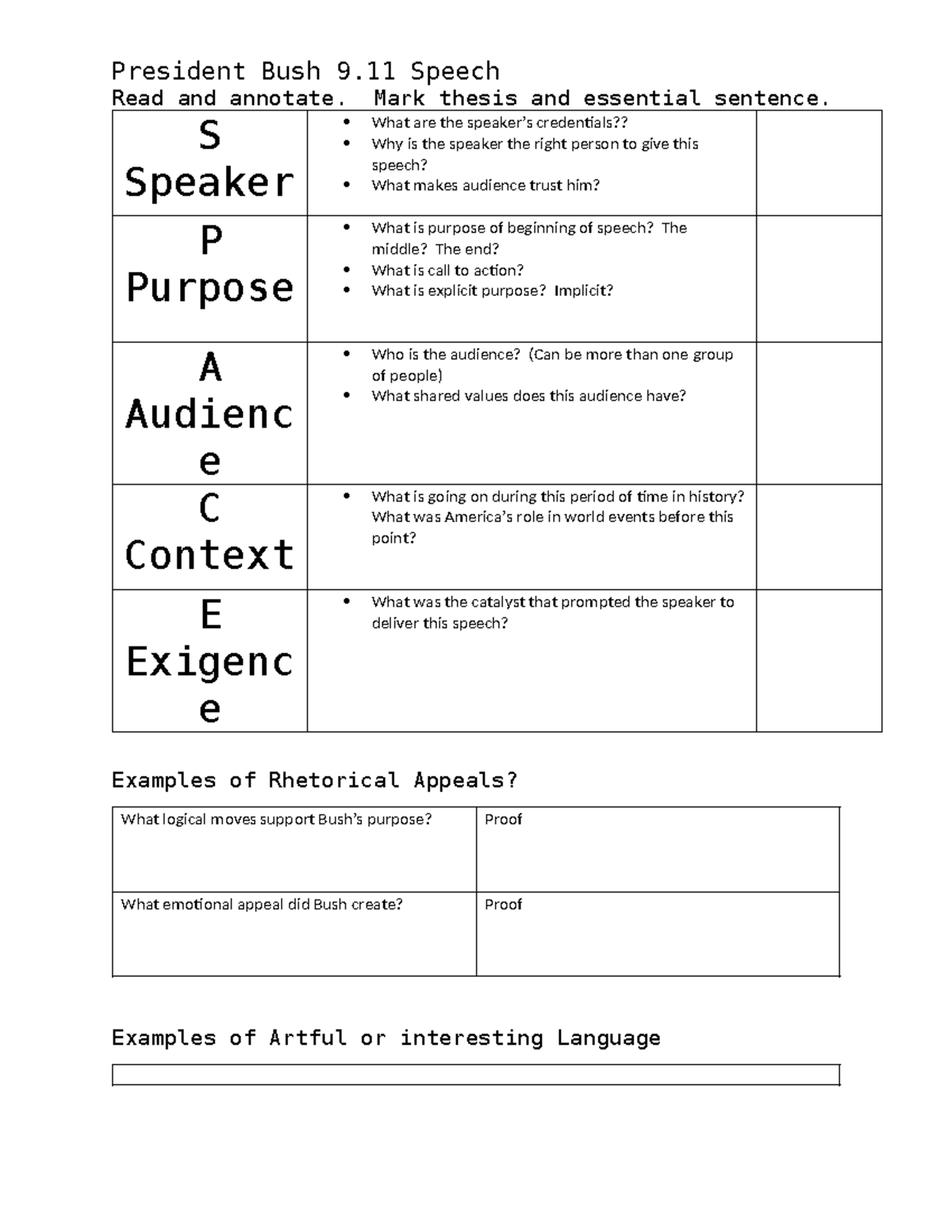 Homework Cheat Sheet for Rhetorical Situation 1 - President Bush 9 ...