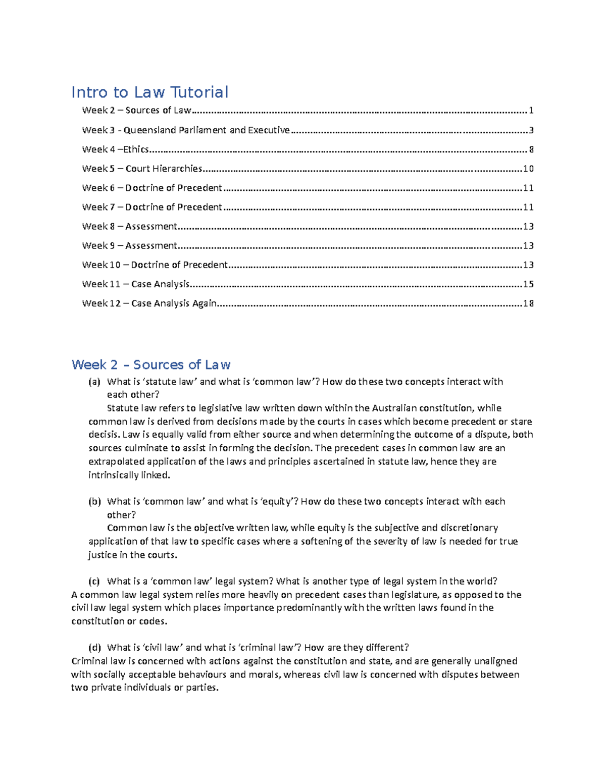 Every Intro2Law Tutorial Question - Intro to Law Tutorial Week 2 – Sources of - Studocu