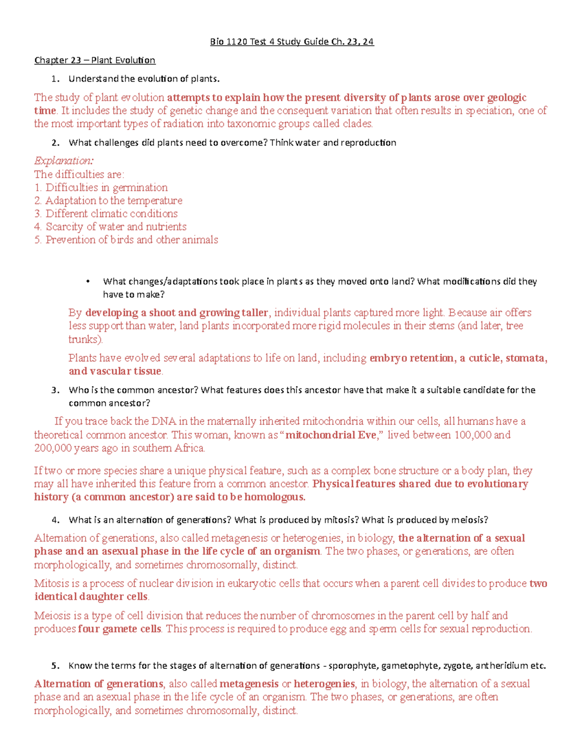 Bio Lec Exam-4 Study Guide - Bio 1120 Test 4 Study Guide Ch. 23, 24 ...