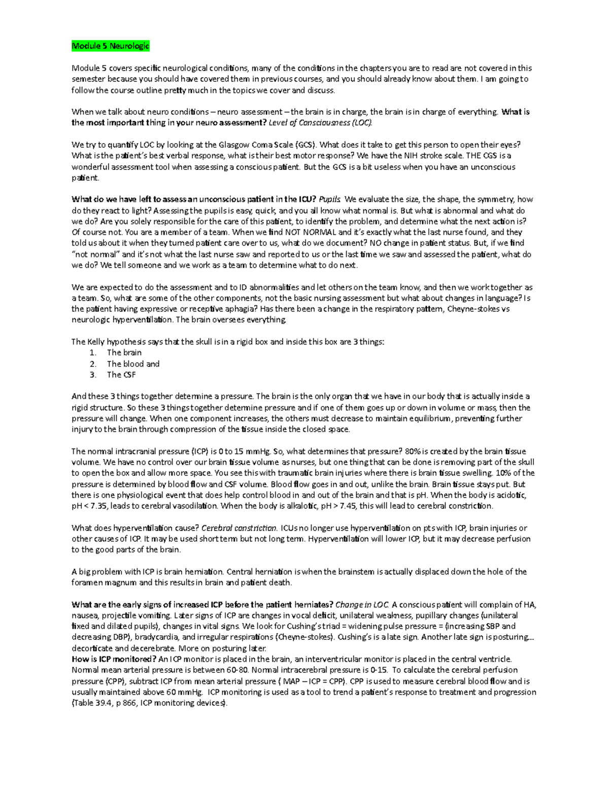 Module 5 Neurologic Lecture Notes - Module 5 Neurologic Module 5 covers ...