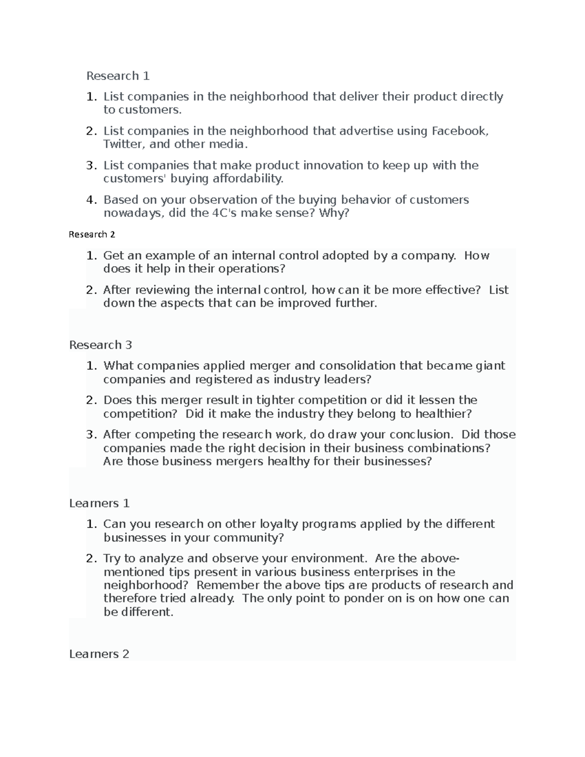 Management Accounting 1 Chapter 1 Activities - Research 1 List ...