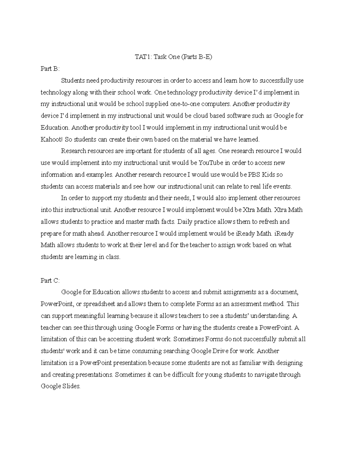 TAT1 - Example Task One - TAT1: Task One (Parts B-E) Part B: Students ...