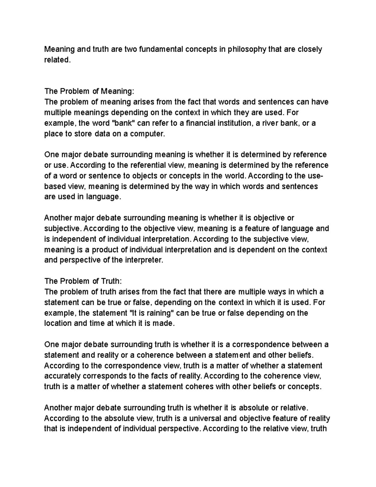 The Problem of Meaning and Truth - Meaning and truth are two ...