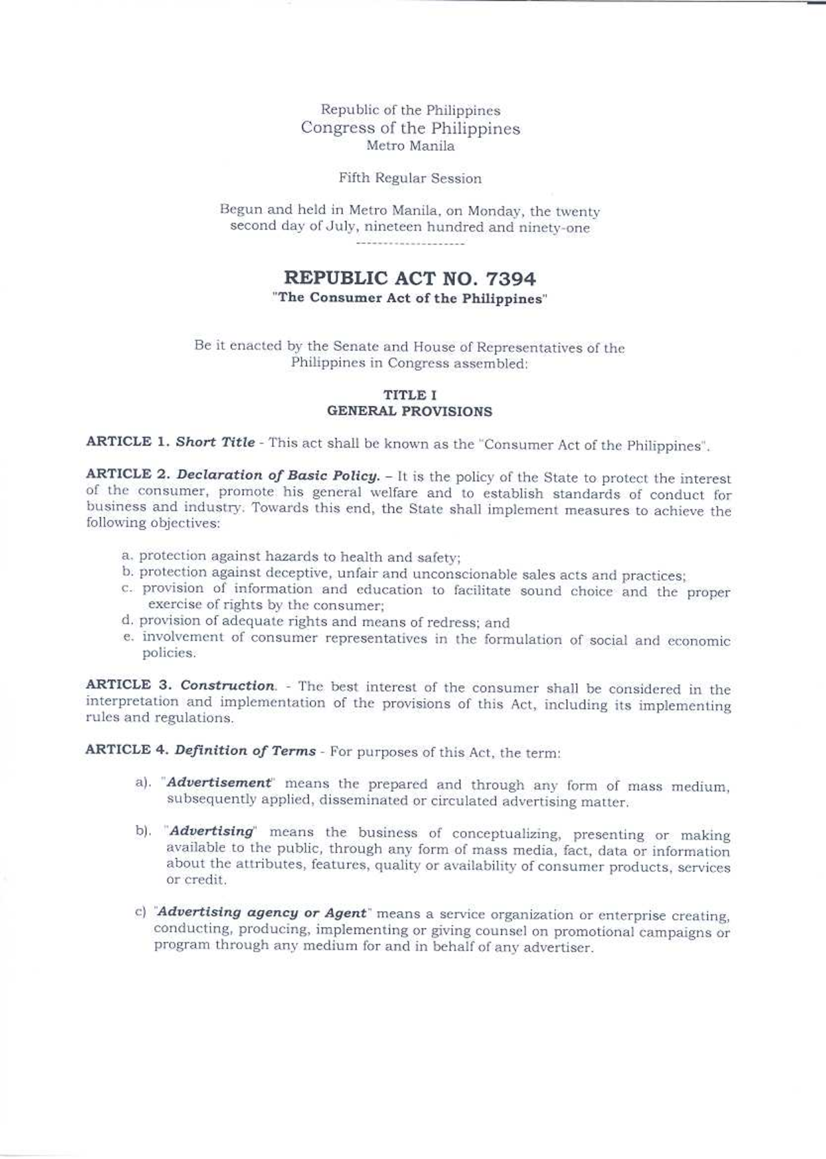 RA 7394 - Consumer Act of the Philippines - BS Entrepreneurial ...