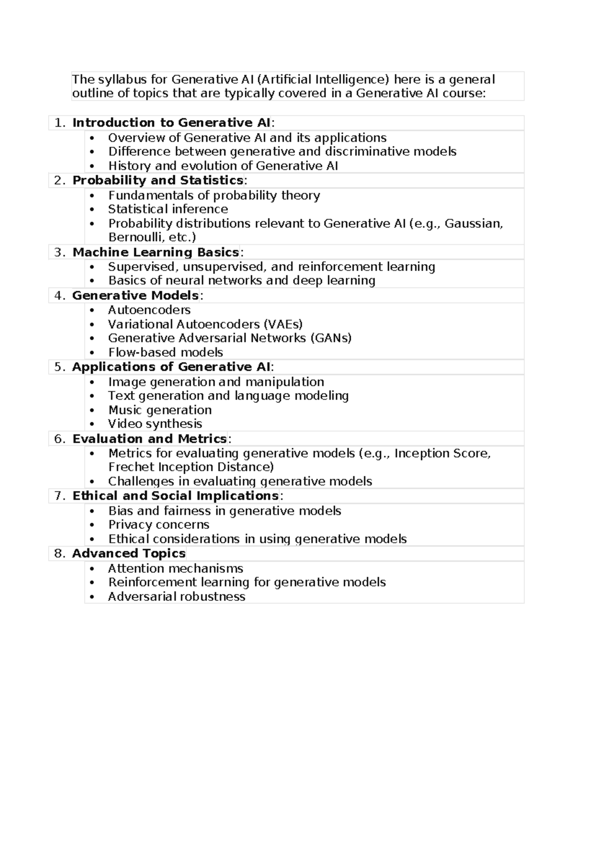 The syllabus for Generative AI - Introduction to Generative AI: Overview of Generative AI and ...