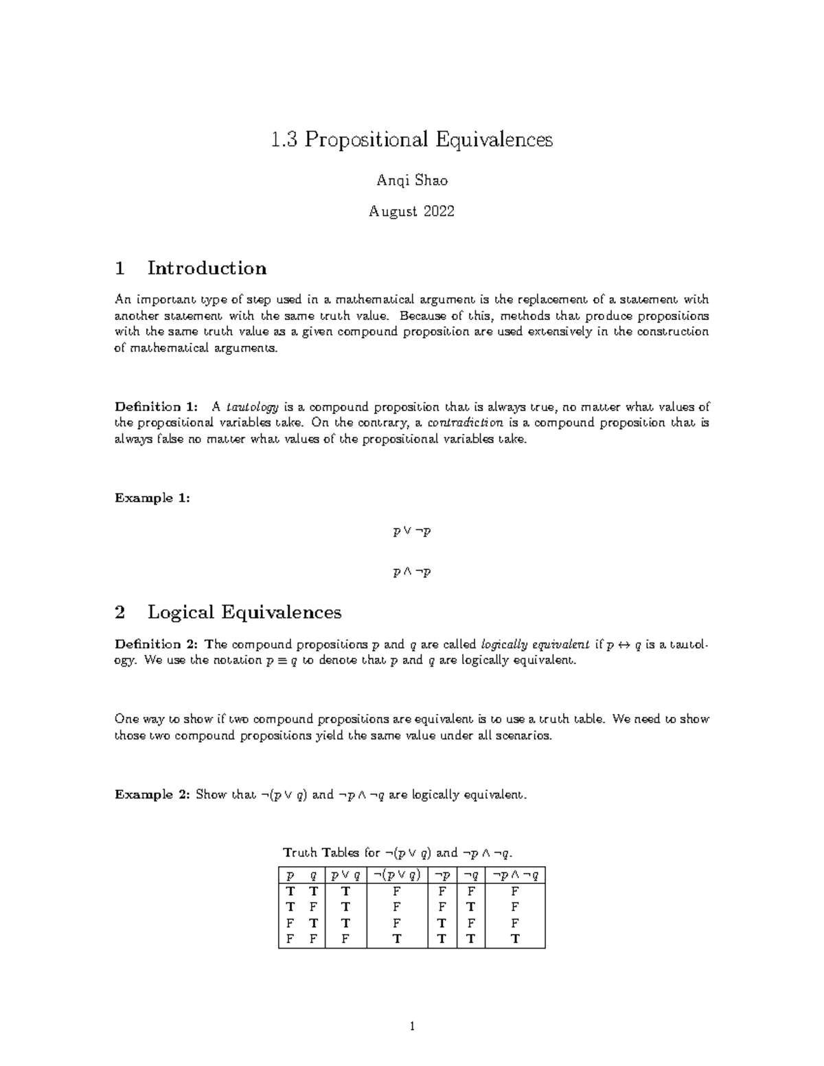 1 3 Propositional Equivalences - 1 Propositional Equivalences Anqi Shao August 2022 1 ...
