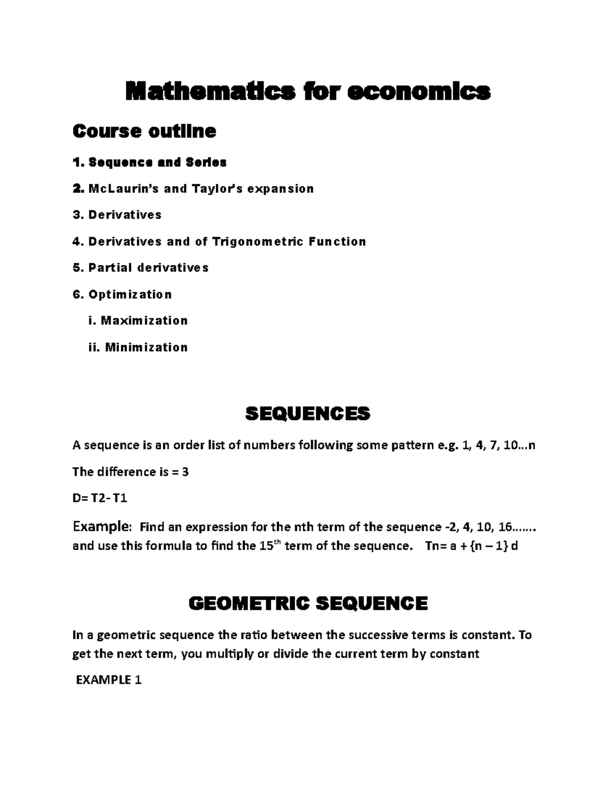 Mathematics for economist - Mathematics for economics Course outline ...