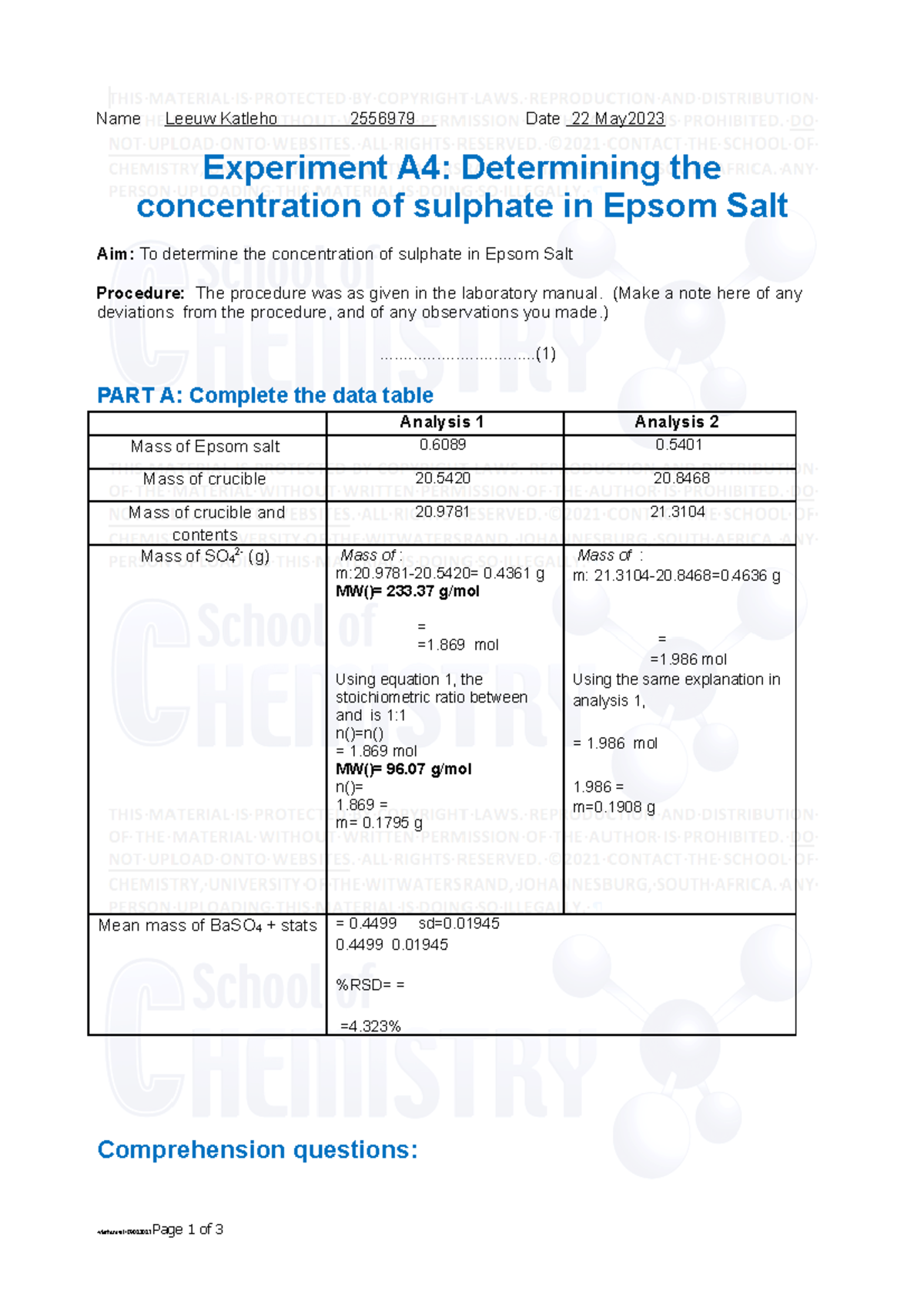 A4 worksheet - Name Leeuw Katleho 2556979 Date 22 May Experiment A4 ...