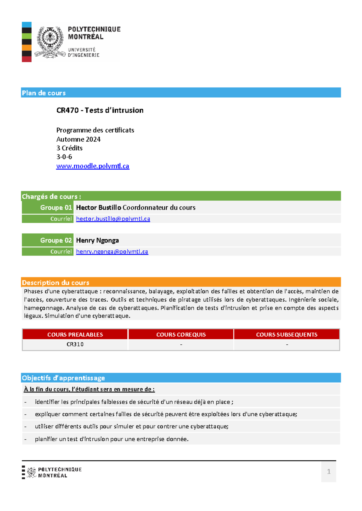 Plan de cours CR470 -A24 - Plan de cours CR470 - Tests d’intrusion ...