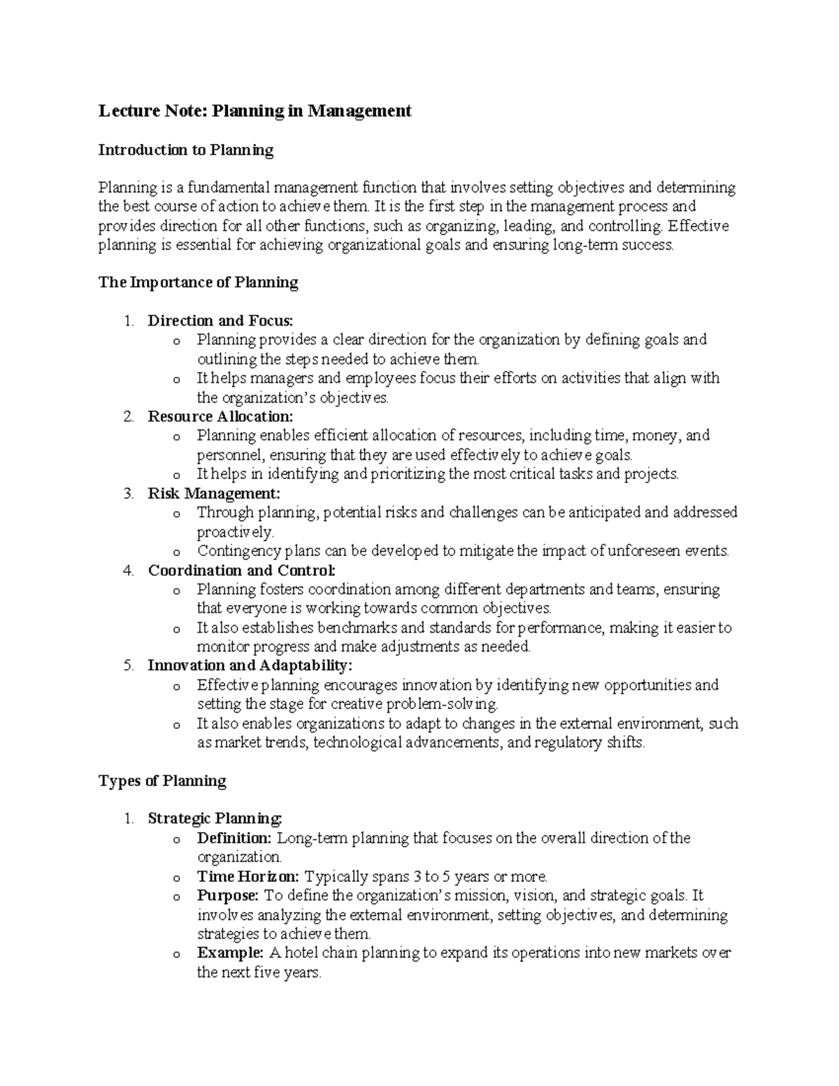 Lecture Note Planning - It is the first step in the management process ...