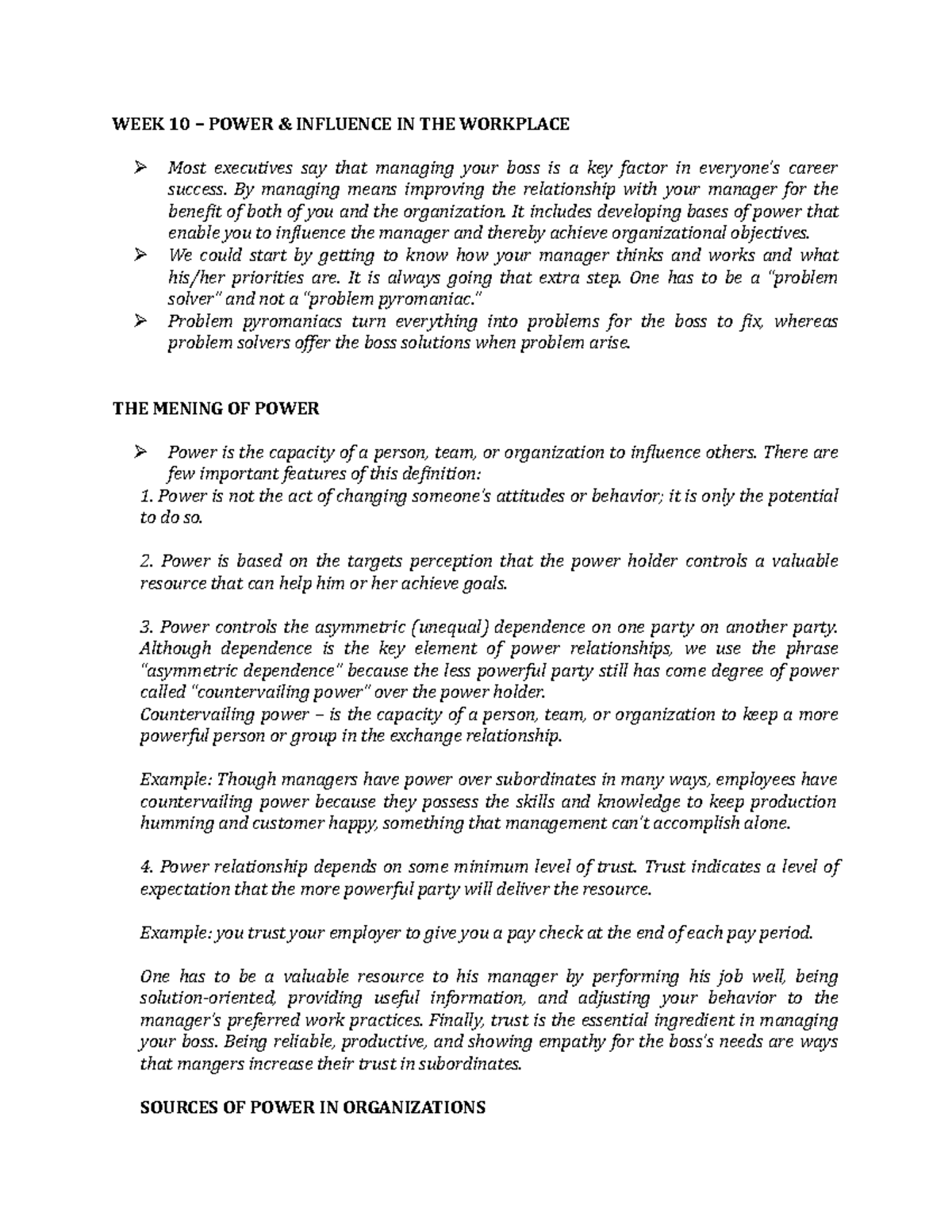 WEEK 10 Power & Influence in the workplace - WEEK 10 – POWER ...