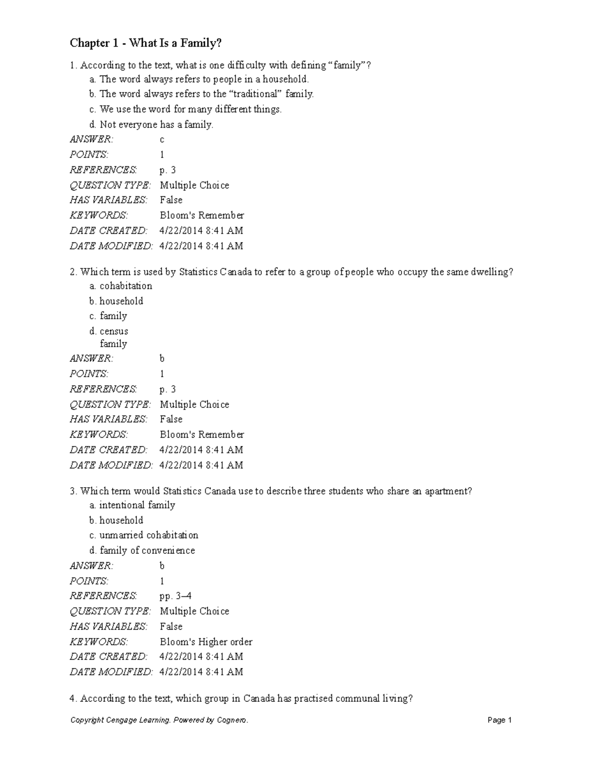 Chapter 1 What Is a Family - 1. According to the text, what is one ...