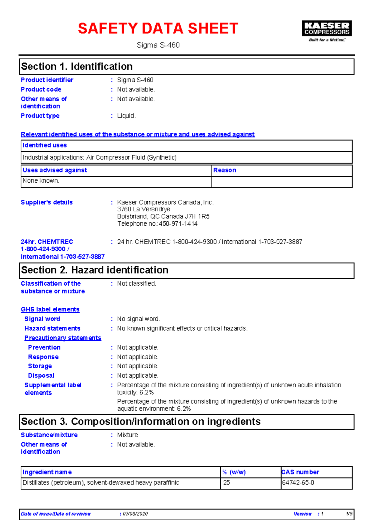 Ficha Datos DE Seguridad Kaeser Sigma S-460 - Sigma S- SAFETY DATA SHEET Product identifier ...