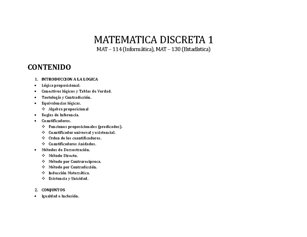 Matematica Discreta 1 - Esto les servira - MATEMATICA DISCRETA 1 MAT – 114 (Informáticá), MAT ...