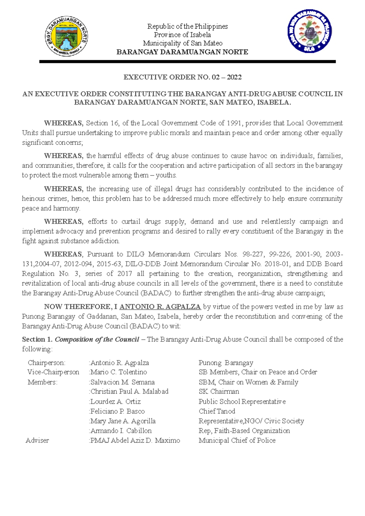Executive Order 2022 02 Badac - Province of Isabela Municipality of San ...