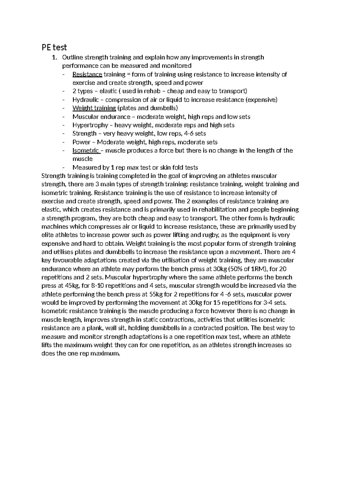 PE test term 2 - Very good notes - PE test Outline strength training ...