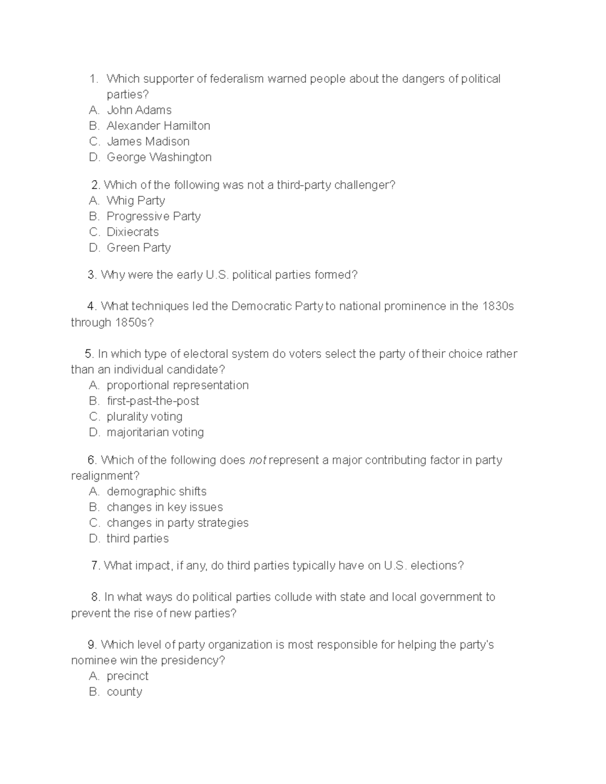 Chap 9, Study Guide Political Parties - Which supporter of federalism ...