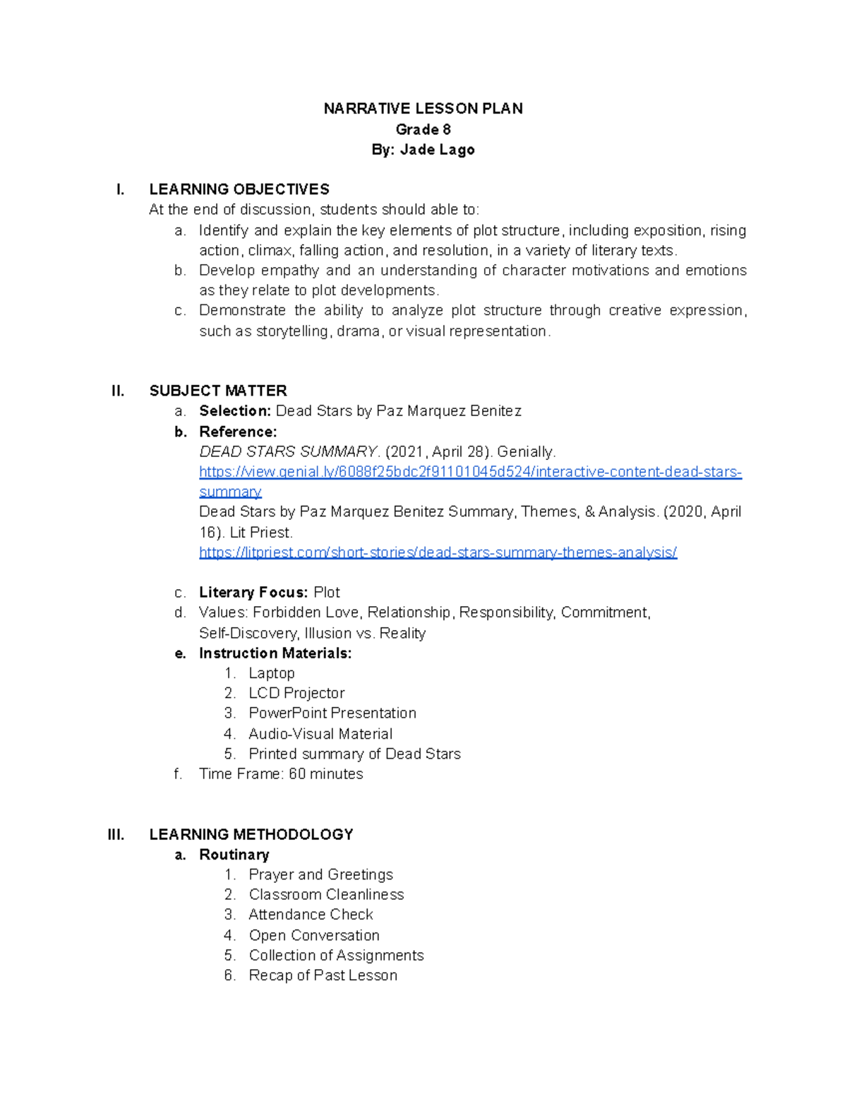 Lesson PLAN - PLOT - lesssn plan demo - NARRATIVE LESSON PLAN Grade 8 ...