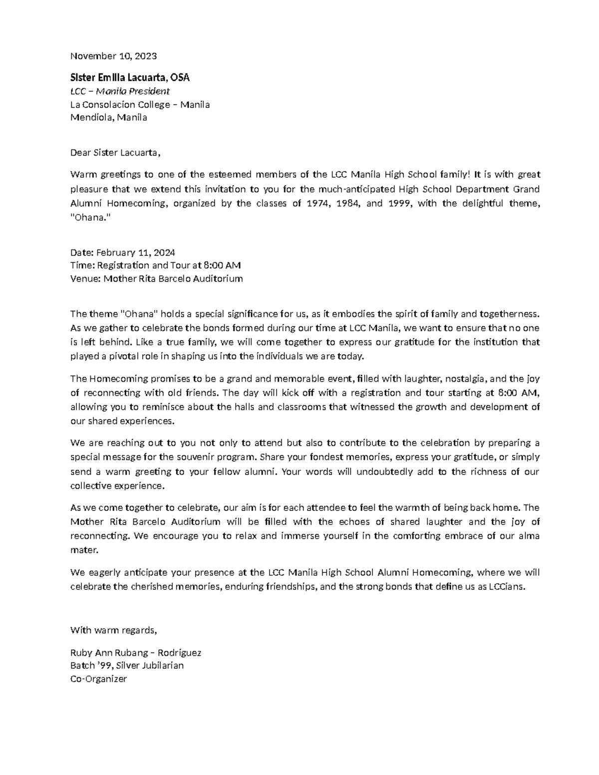 LCC M President - Letters for alumni homecoming - November 10, 2023 ...