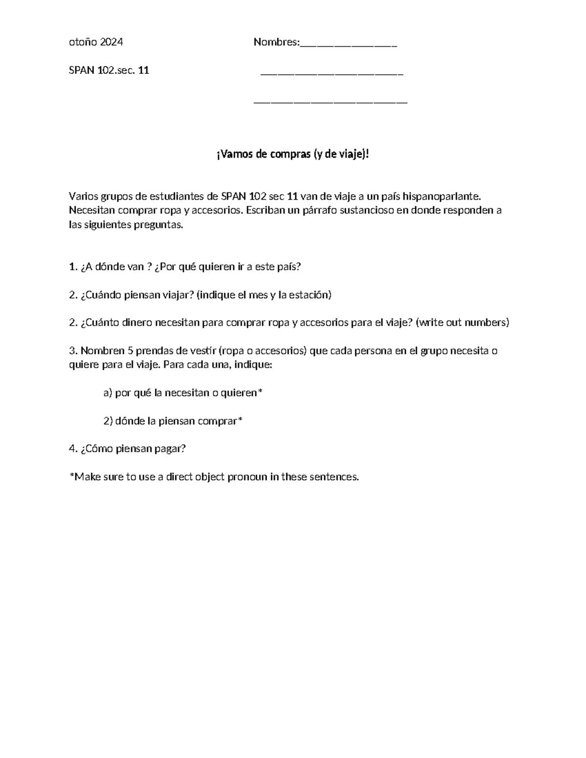 SPAN 102-Vamos de compras viaje - otoño 2024 Nombres ...