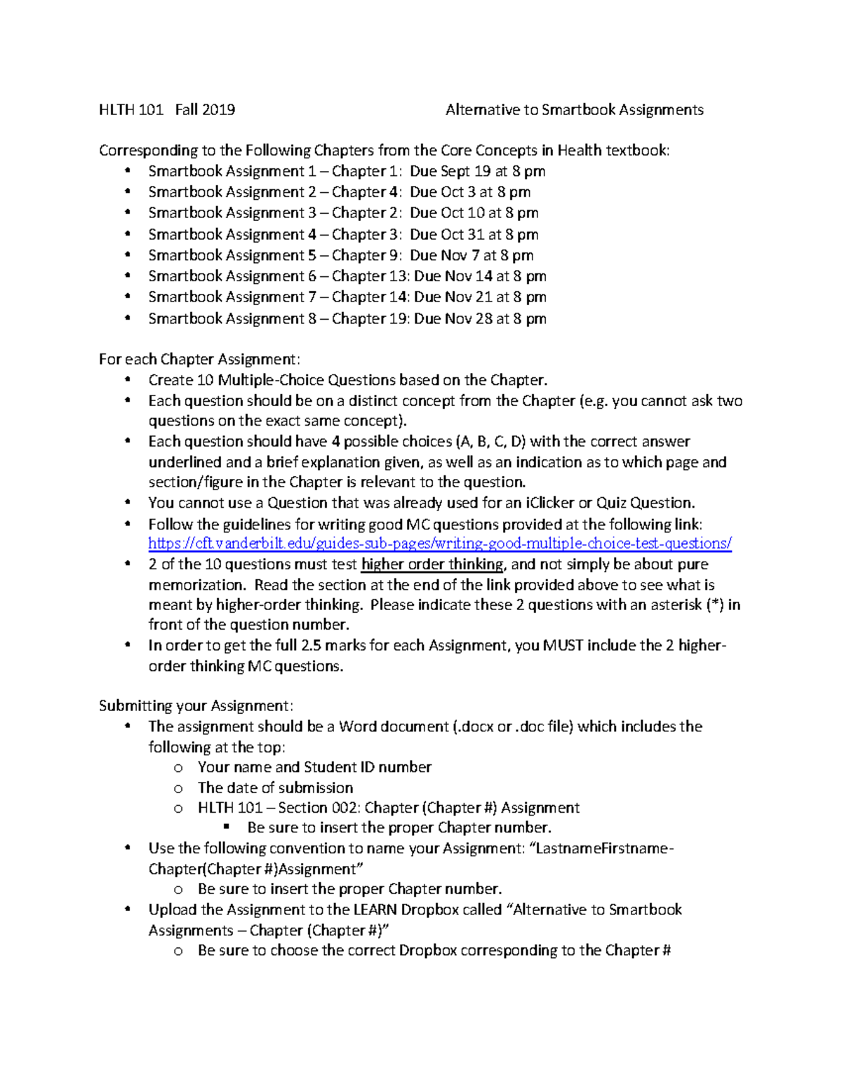 HLTH 101 - Alternative to Smartbook Assignments (003) - HLTH 101 Fall 2019 Alternative to ...
