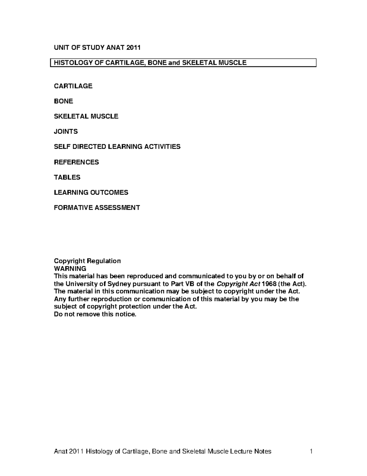 Anat 2011 Histology of Cartilage Bone and Skeletal Muscle Lecture Notes ...