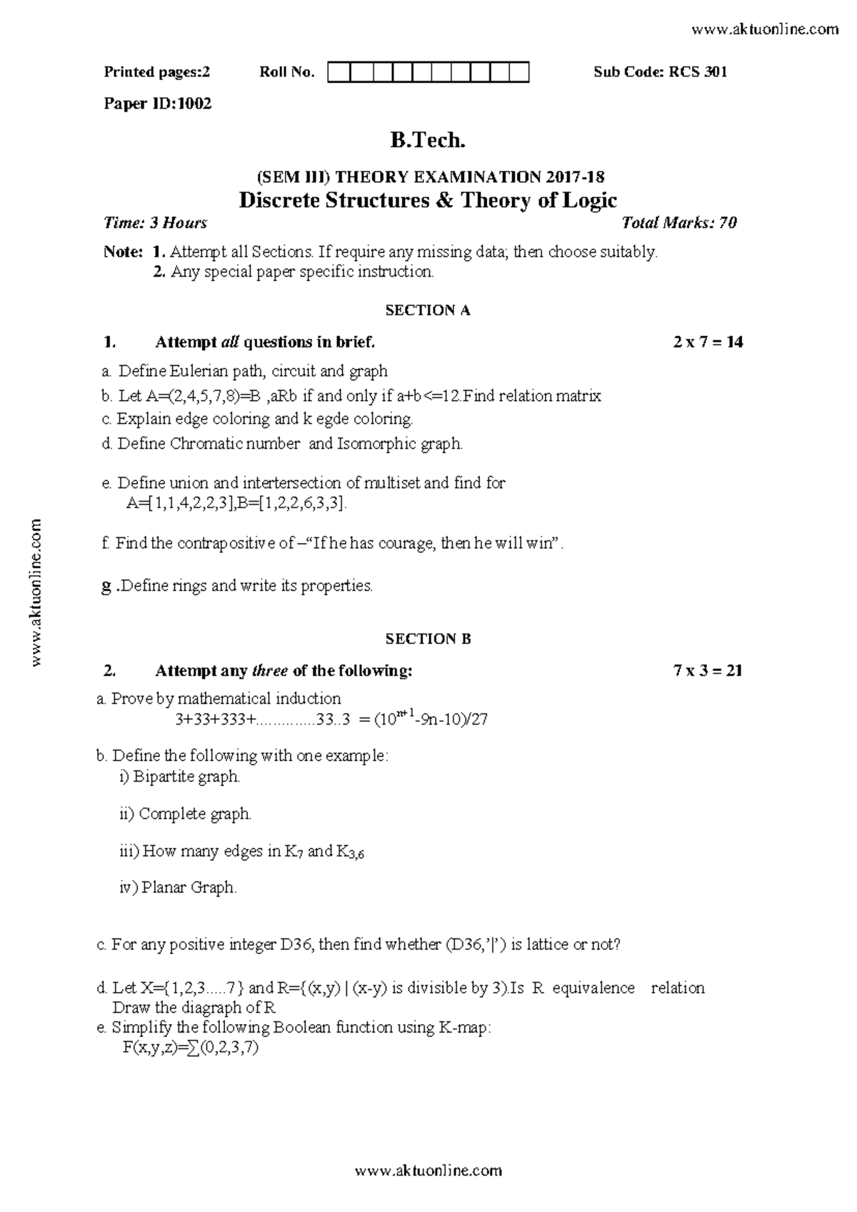 Btech Cs 3 Sem Discrete Structures And Theory Of Logic Ncs301 2018 Printed Pages2 Roll No