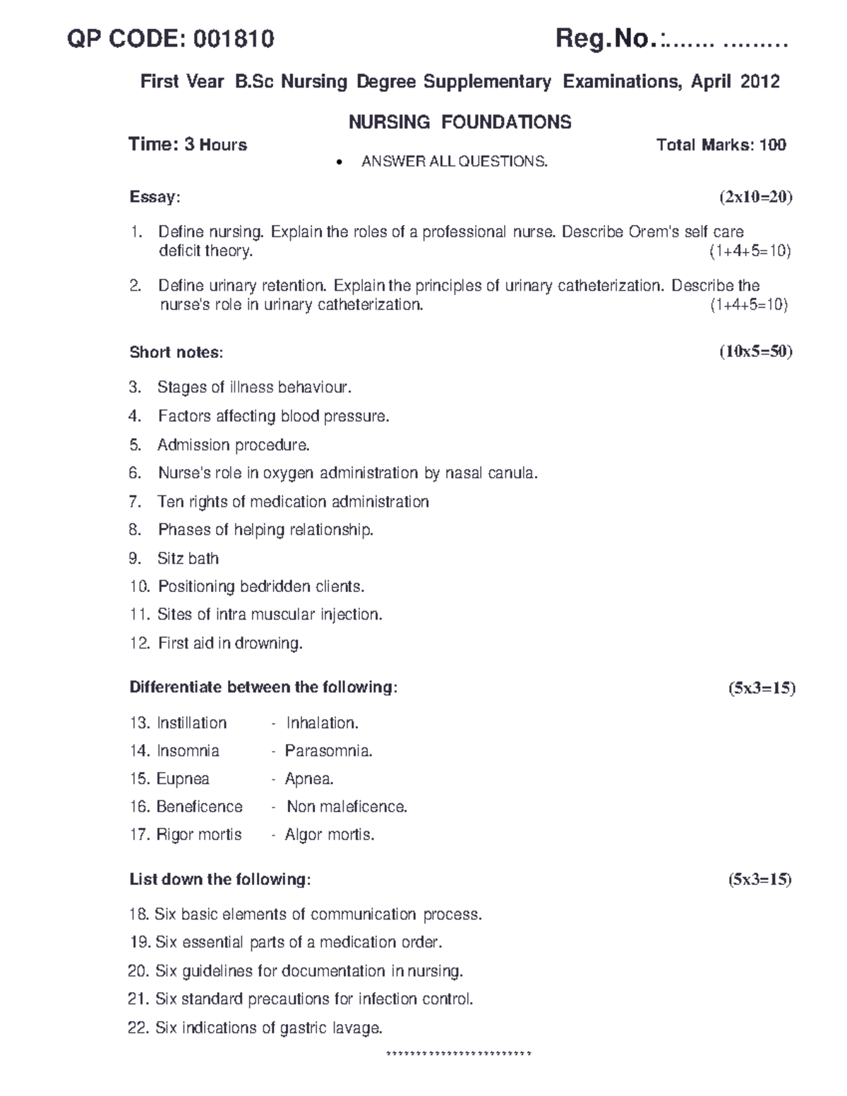 Nursing foundations - QP CODE: 001810 Reg.:....... ......... First Vear ...