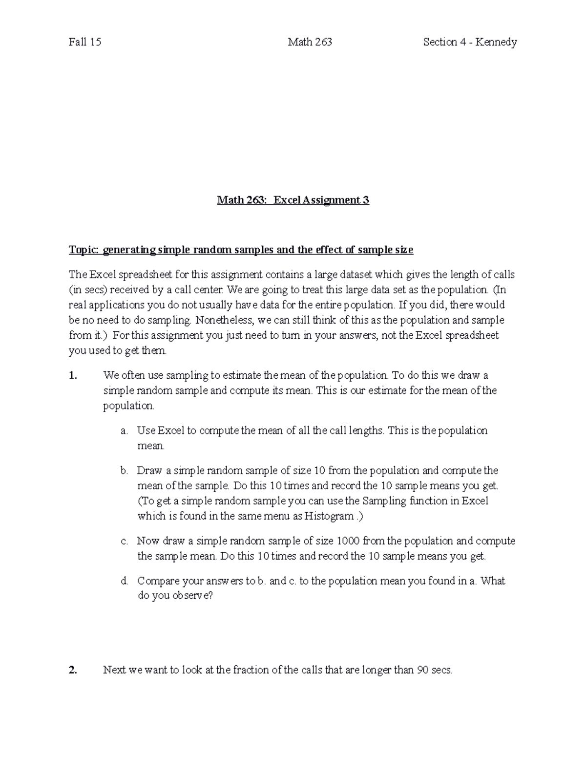 Assign 3 - Fall 15 Math 263 Section 4 Kennedy Math 263: Excel ...
